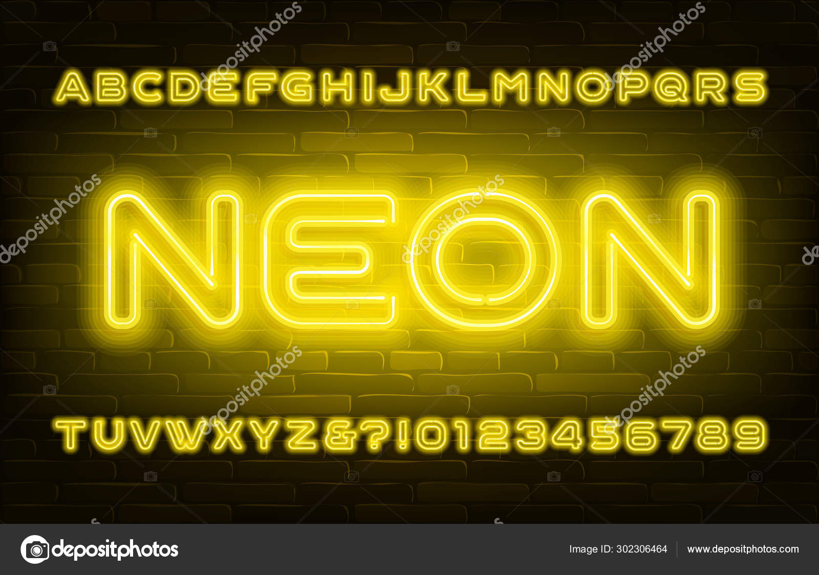 Yellow Neon Alphabet Font Bright Light Bubble Letters Numbers Brick