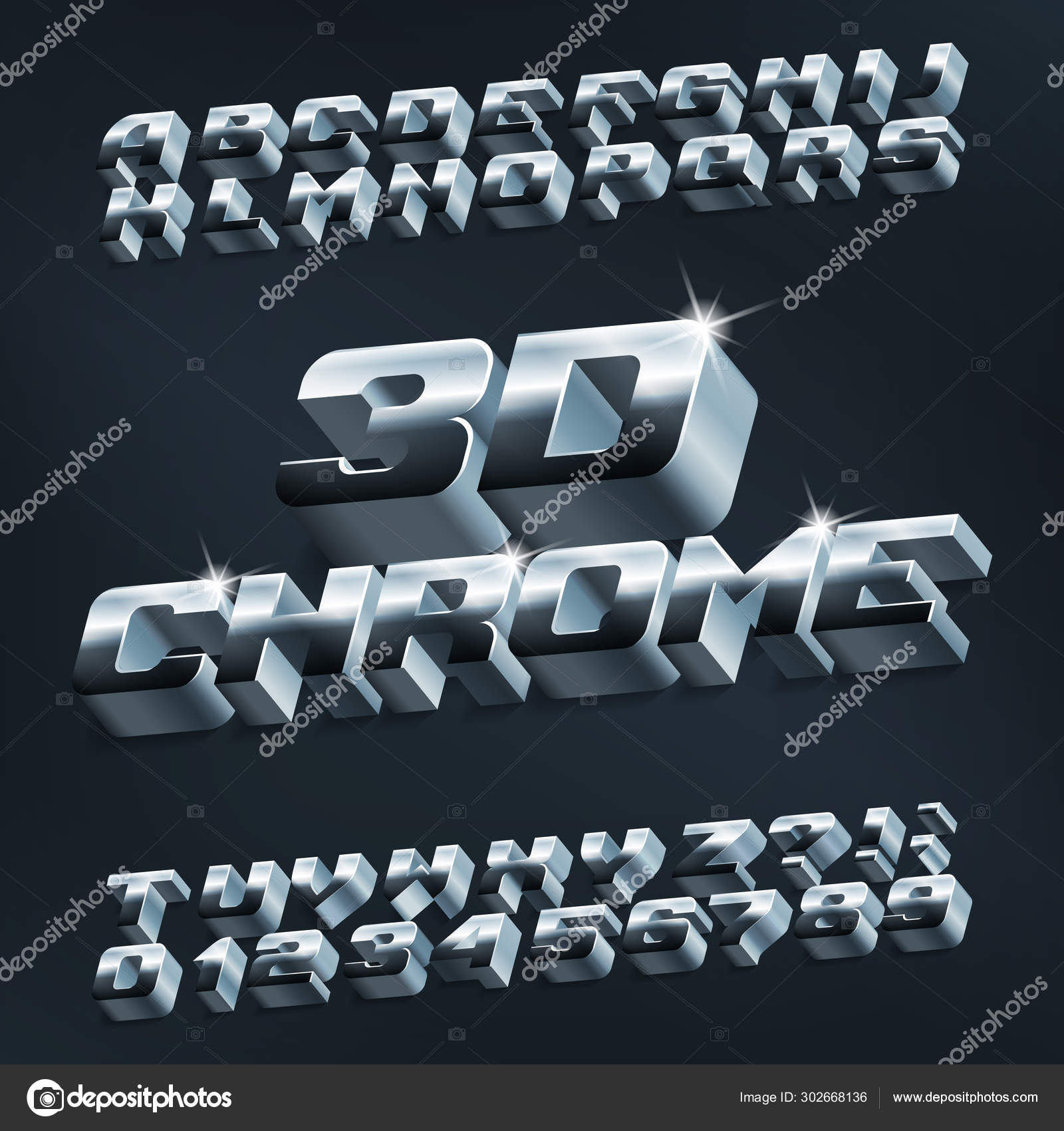 Chrome Alphabet Font Metallic Letters Numbers Shadow Stock Vector ...