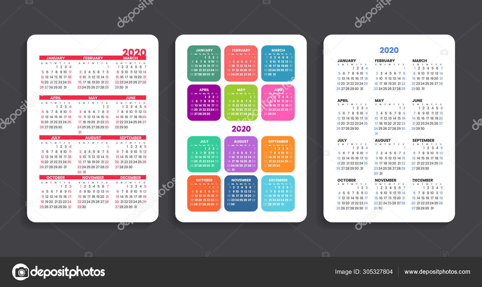 Calendar 2020 Week Starts Sunday Different Grids Portrait Orientation ...