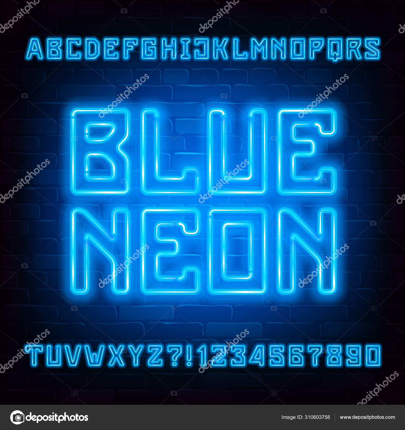 Blue Neon Alphabet Font Neon Light Geometric Letters Numbers Brick ...