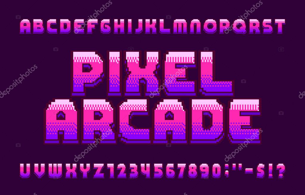 Pixel Arcade alfabeto fuente. Letras y números de píxeles 3D en rosa ...