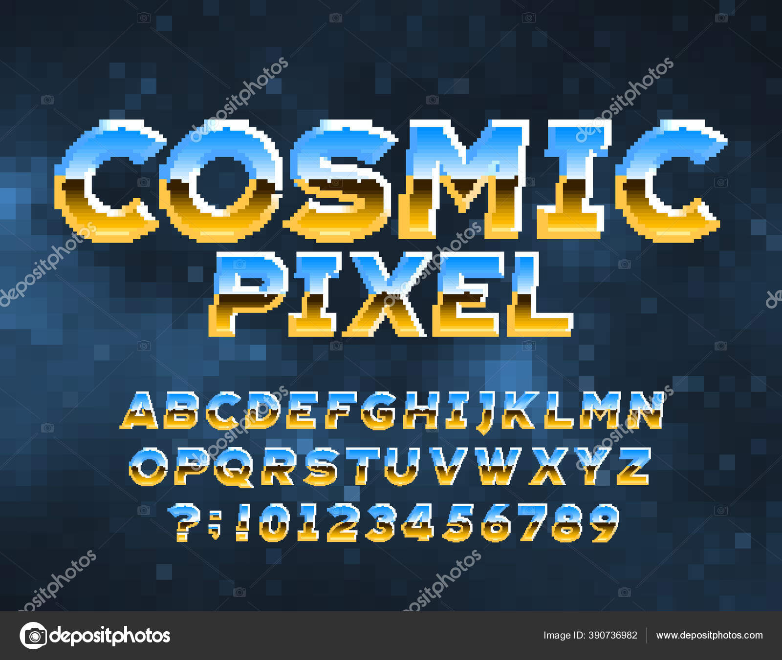 Cosmic Pixel Alphabet Font Chrome Effect Letters Numbers Abstract Pixel ...