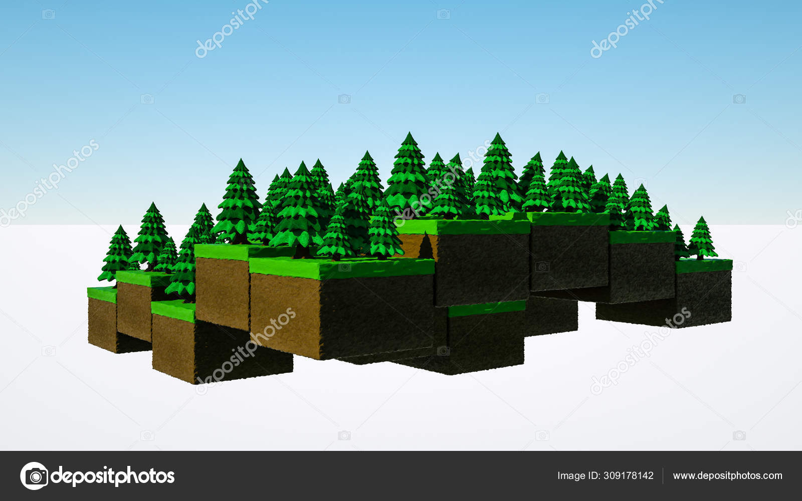 Stylized three-dimensional green spruce on large cubes. 3d rende ...