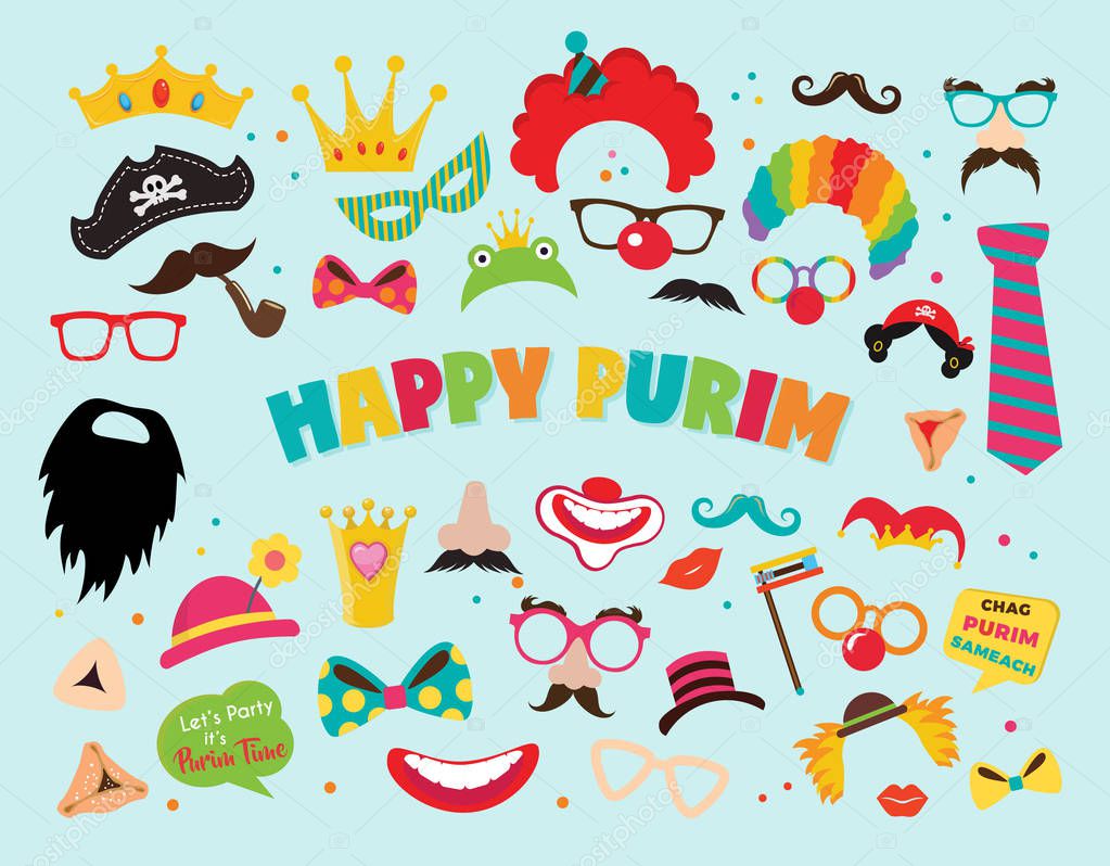 Diseño para la fiesta judía Purim con máscaras y accesorios ...