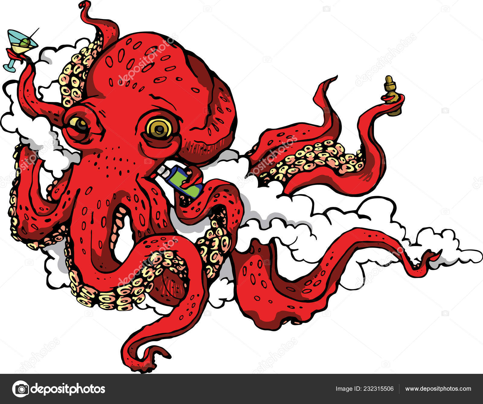 Stylized Image Drunk Octopus Device Vaping Martini Glass His Hands ...