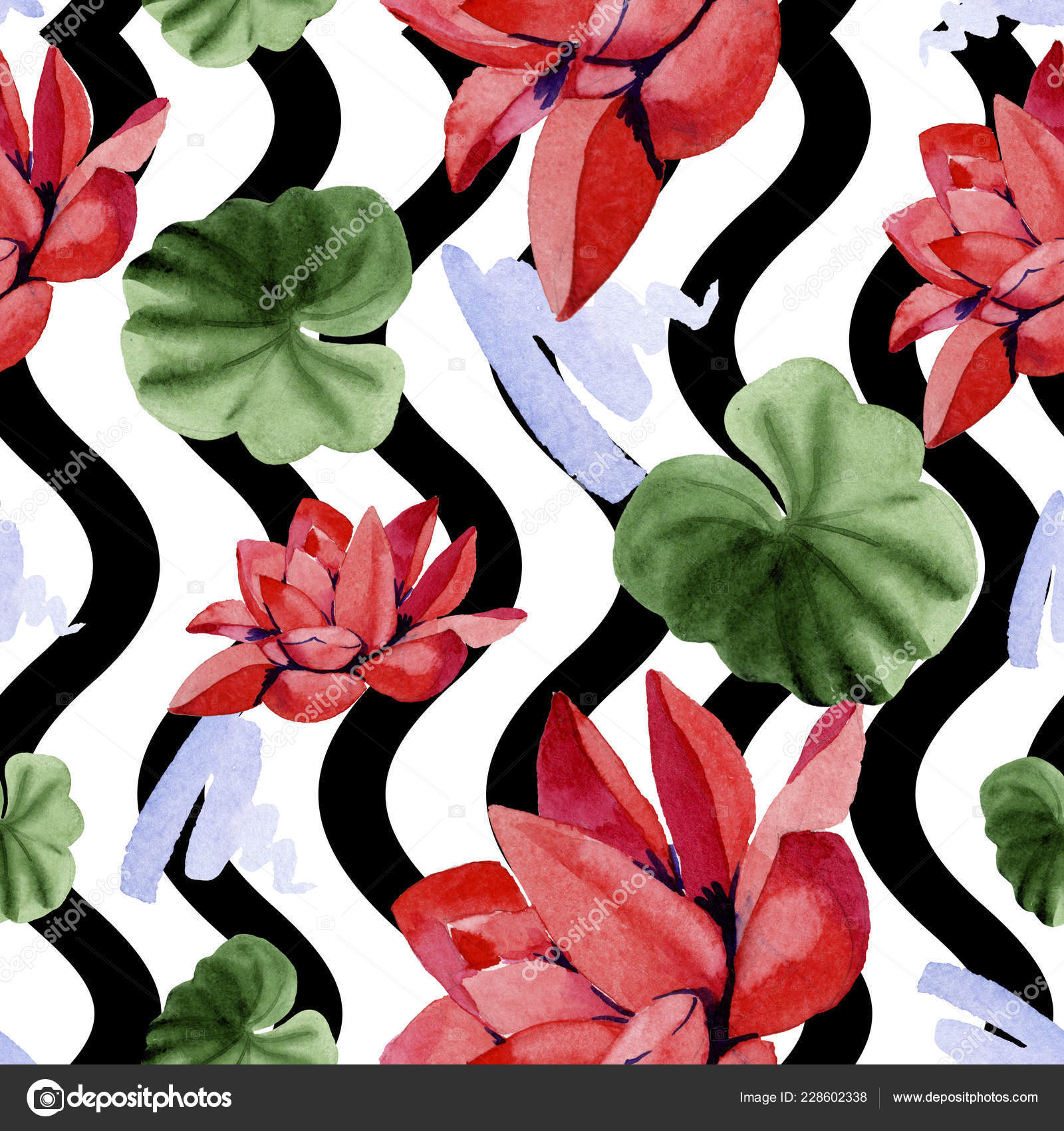 Red Lotus Flowers Watercolor Background Illustration Seamless ...