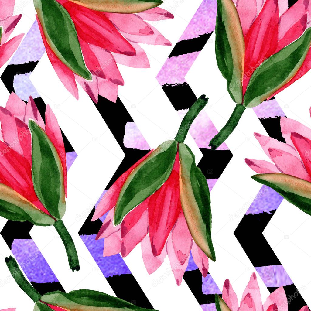 Flores de loto rojas. Ilustración de fondo acuarela. Patrón de fondo sin costuras. Textura de ...