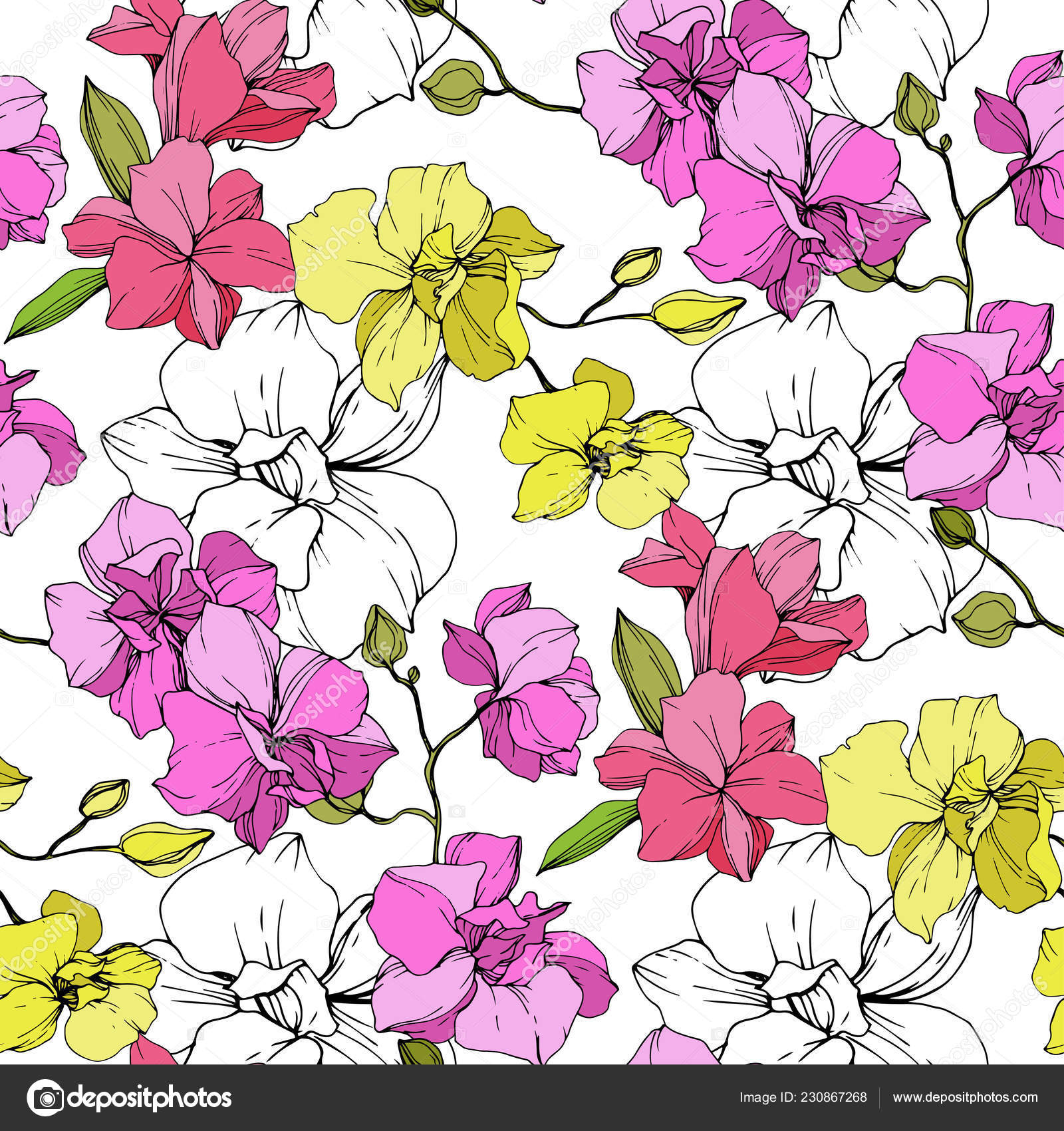 Beautiful Pink Yellow Orchid Flowers Seamless Background Pattern Fabric ...
