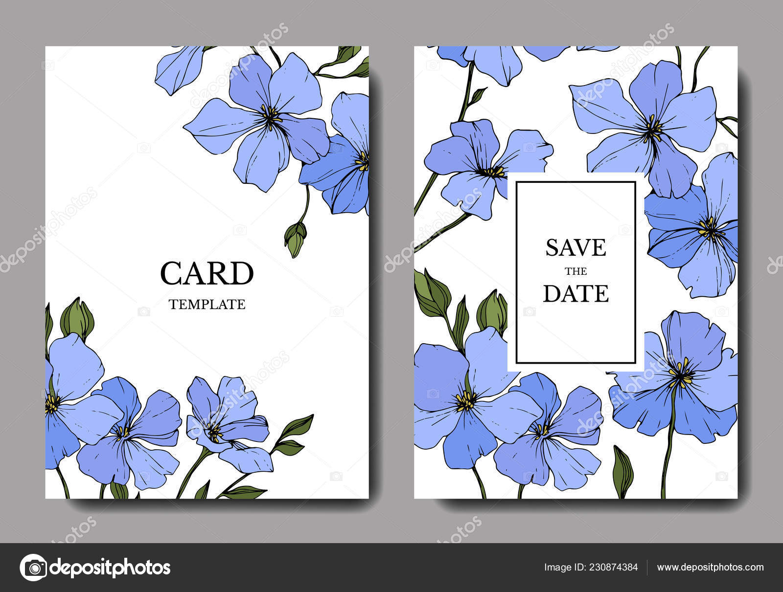 Vector Blue Flax Flowers Engraved Ink Art Wedding Cards Floral Stock ...