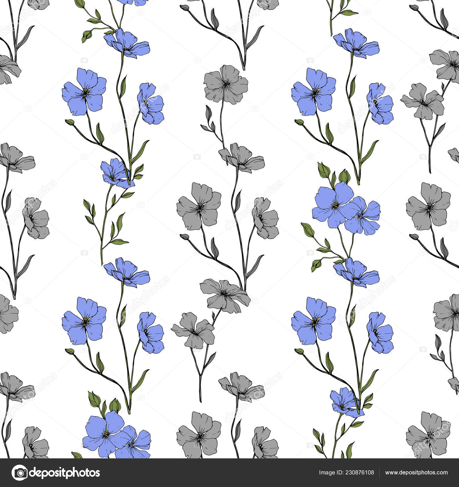 Beautiful Blue Flax Flowers Engraved Ink Art Seamless Pattern White ...