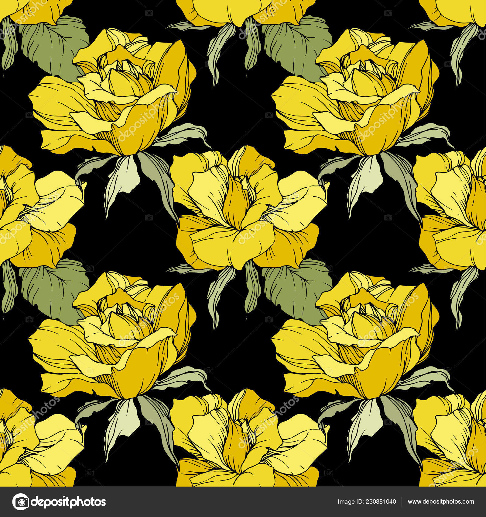 Yellow Roses Engraved Ink Art Seamless Background Pattern Fabric ...