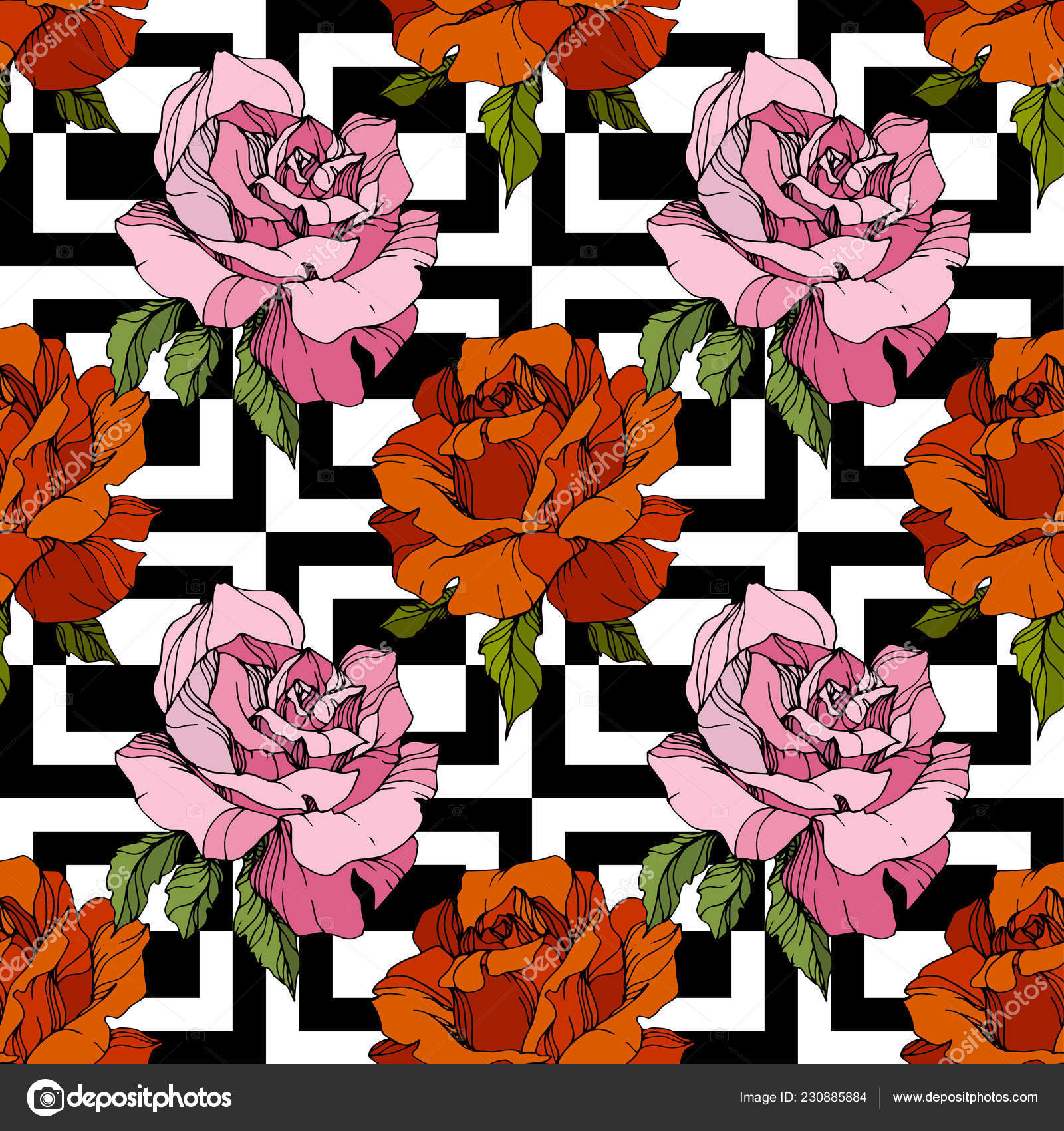 Pink Red Roses Engraved Ink Art Seamless Background Pattern Fabric ...