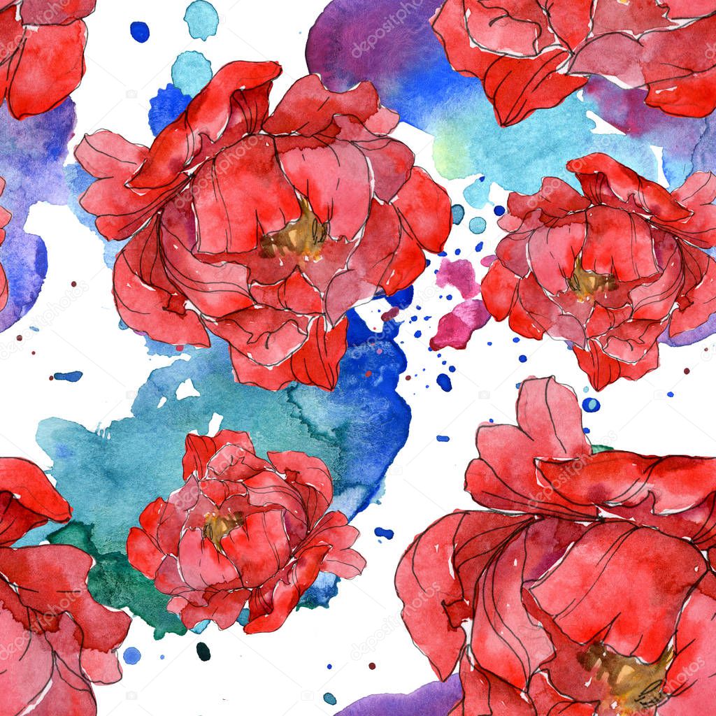 Peonías rojas conjunto de ilustración de acuarela. Patrón de fondo sin costuras. Textura de ...