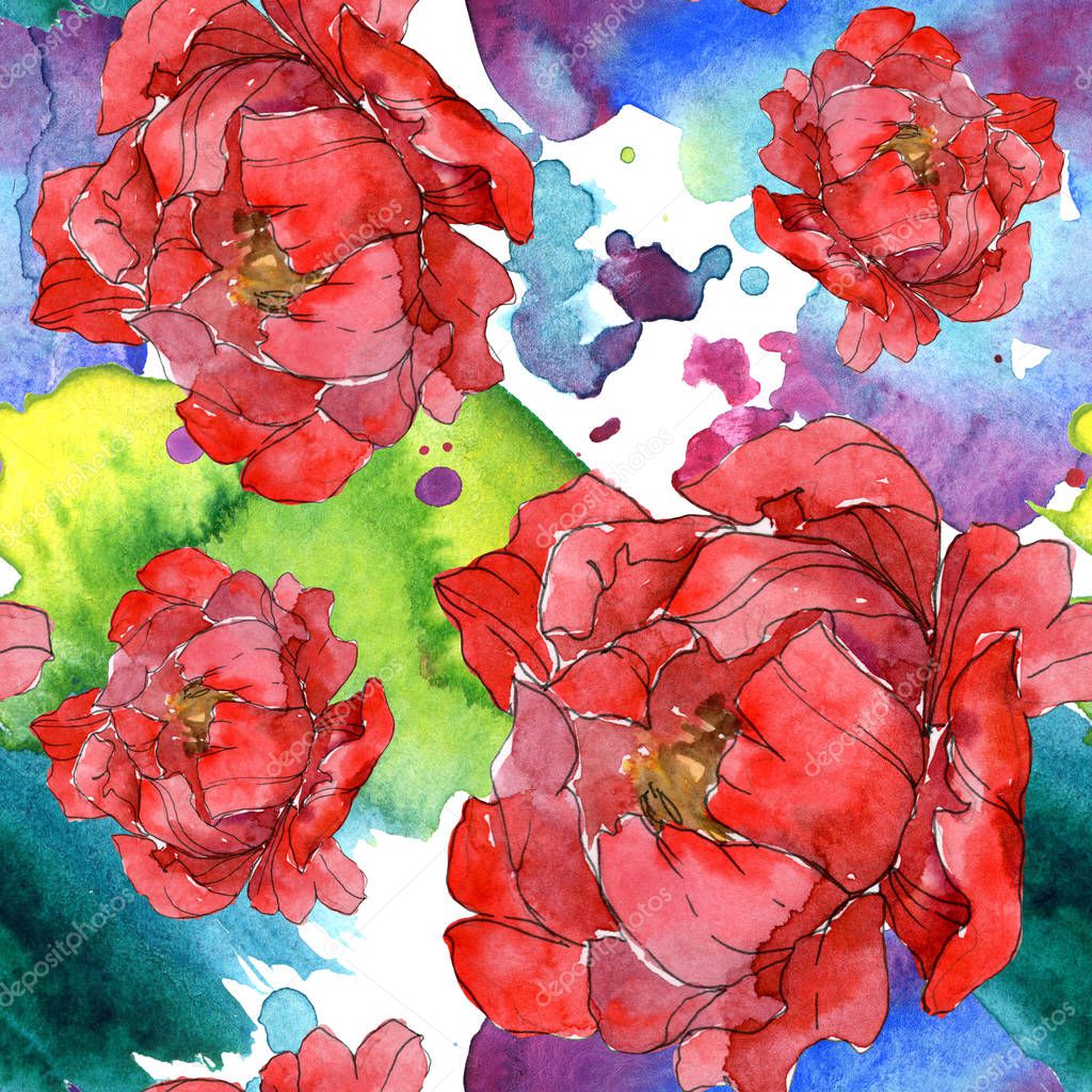 Peonías rojas conjunto de ilustración de acuarela. Patrón de fondo sin ...