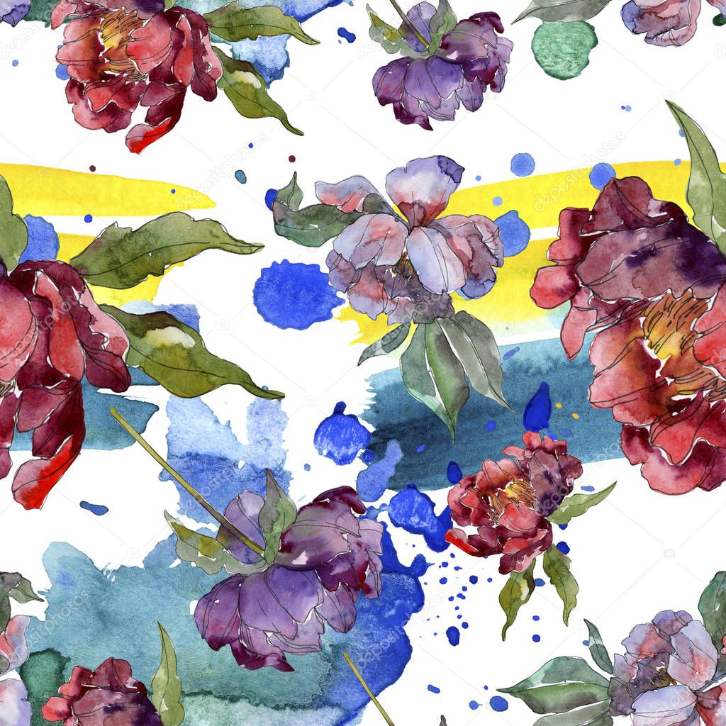 Peonías rojas y moradas. Juego de ilustración en acuarela. Patrón de ...