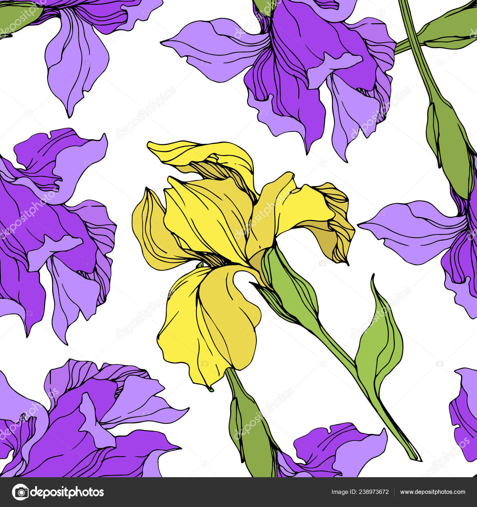 Vector Isolated Purple Yellow Irises Seamless Background Pattern Fabric ...