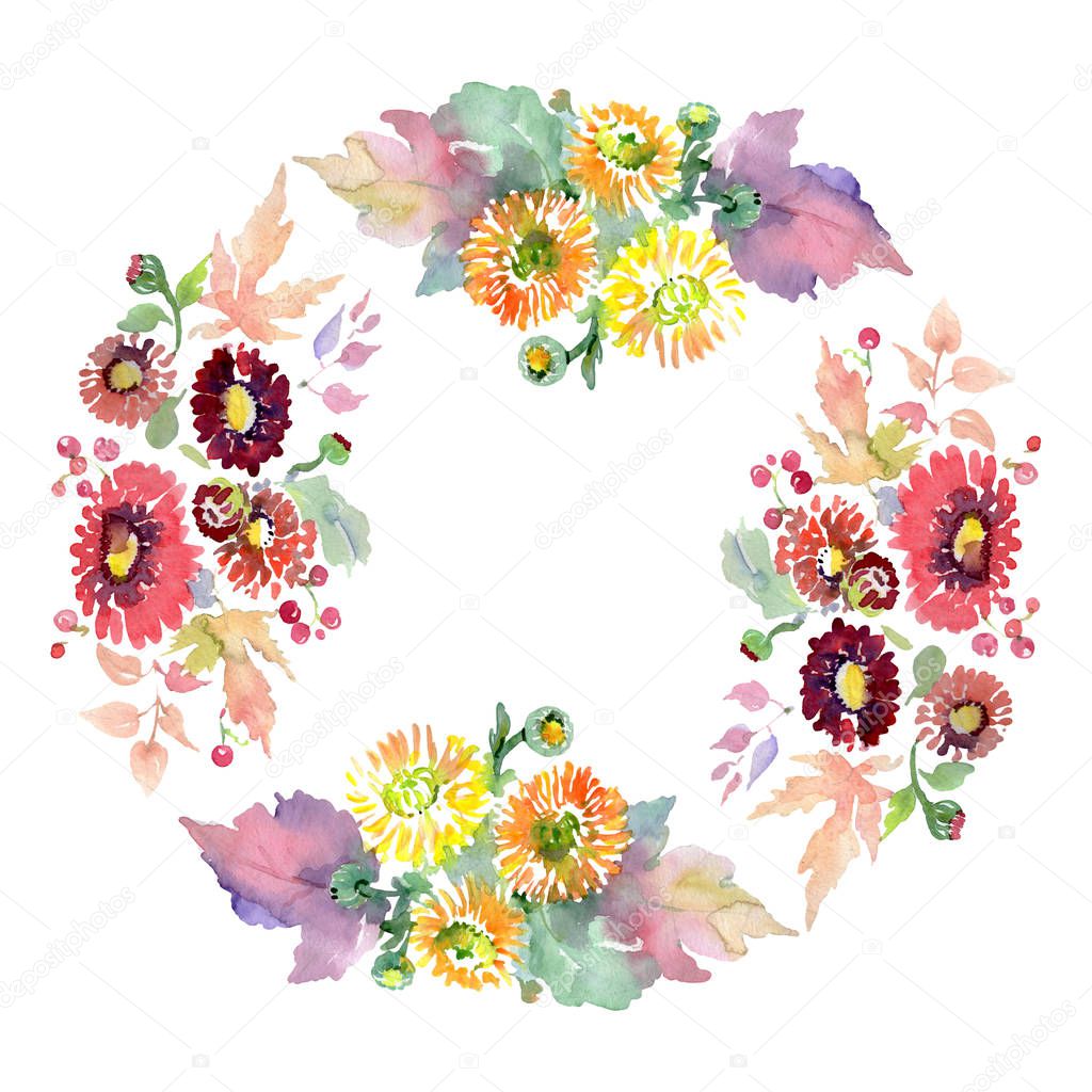 Ramos con flores y frutas. Conjunto de ilustración de fondo acuarela. Marco borde ornamento ...