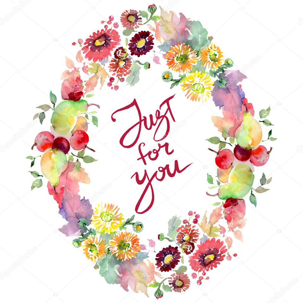 Ramos con flores y frutas. Conjunto de ilustración de fondo acuarela. Marco borde ornamento ...