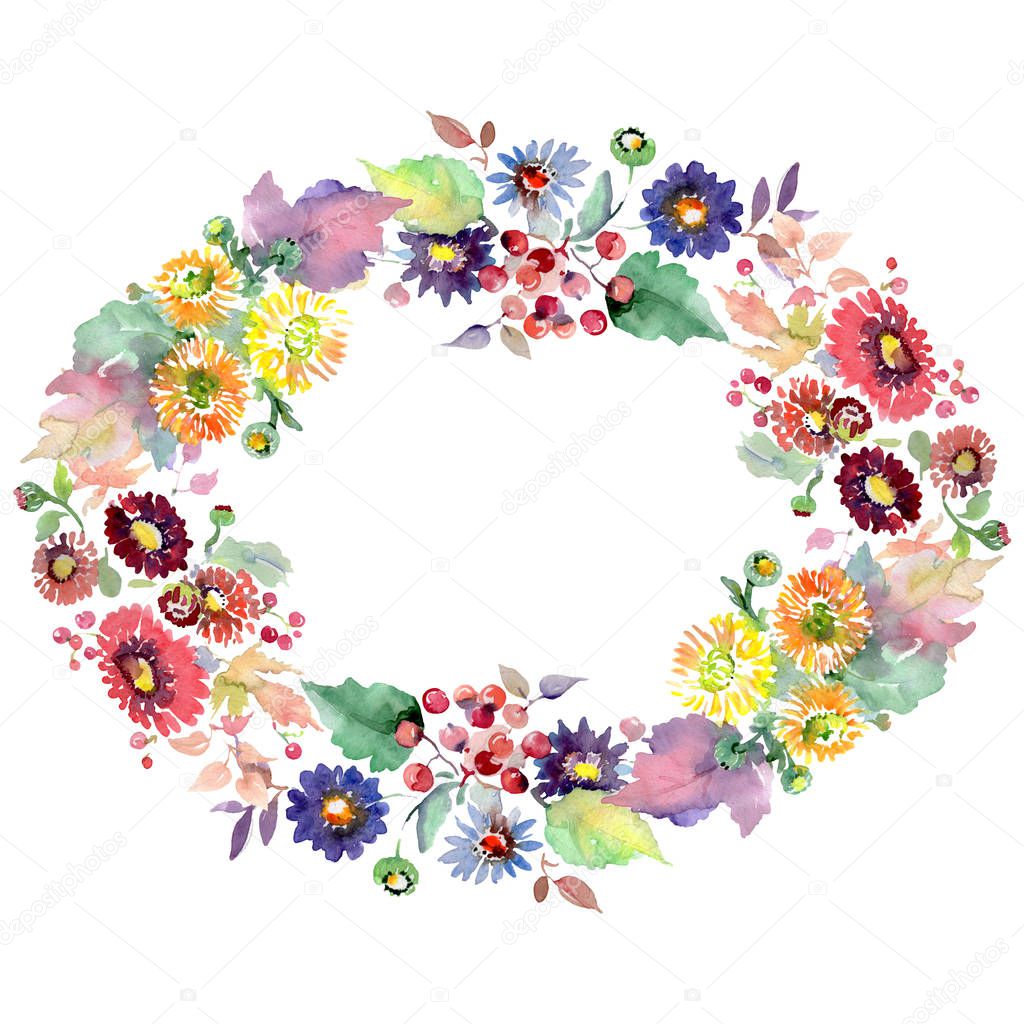 Ramos con flores y frutas. Conjunto de ilustración de fondo acuarela. Marco borde ornamento ...