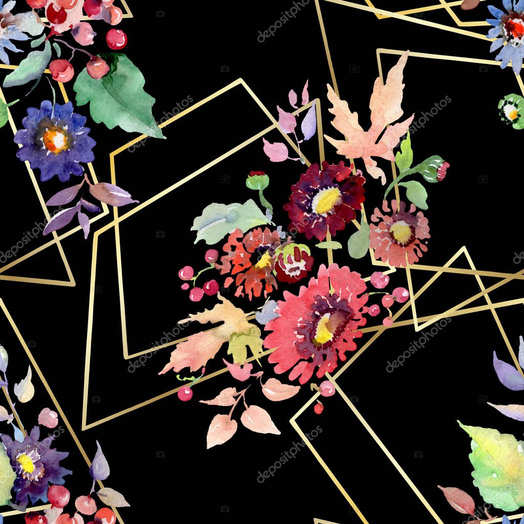 Ramos con flores y frutas. Conjunto de ilustración de fondo acuarela. Patrón de fondo sin ...