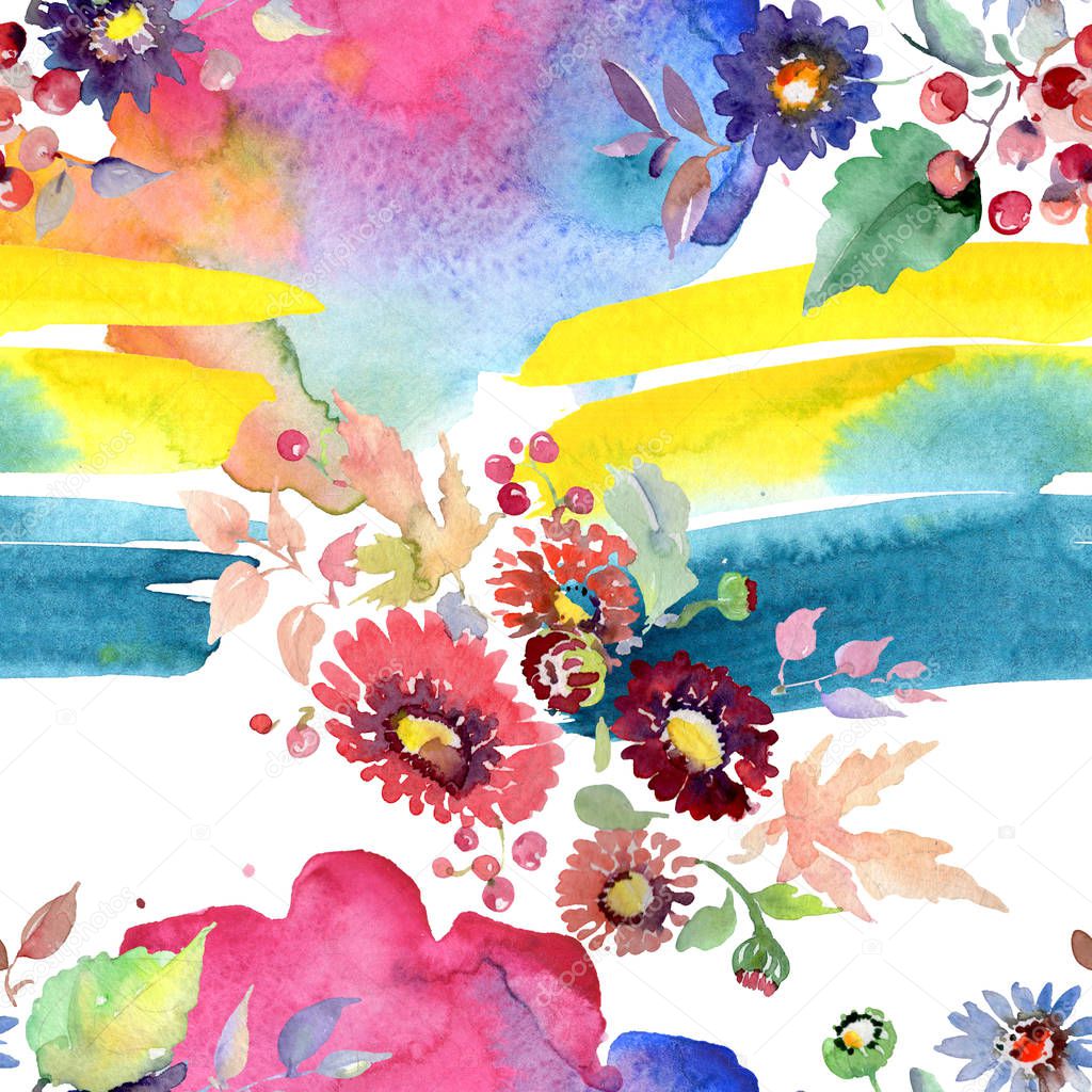 Ramos con flores y frutas. Conjunto de ilustración de fondo acuarela. Patrón de fondo sin ...