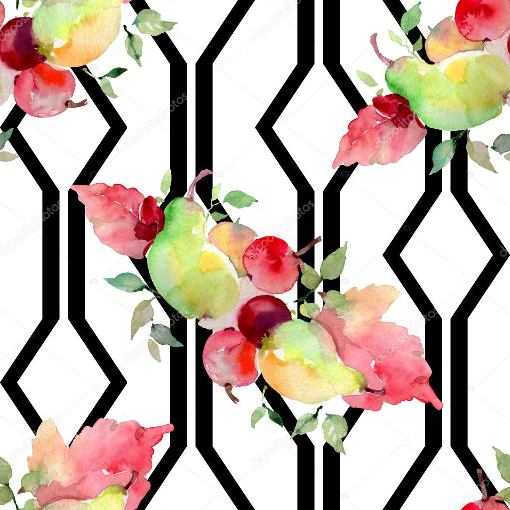 Ramos con flores y frutas. Conjunto de ilustración de fondo acuarela. Patrón de fondo sin ...