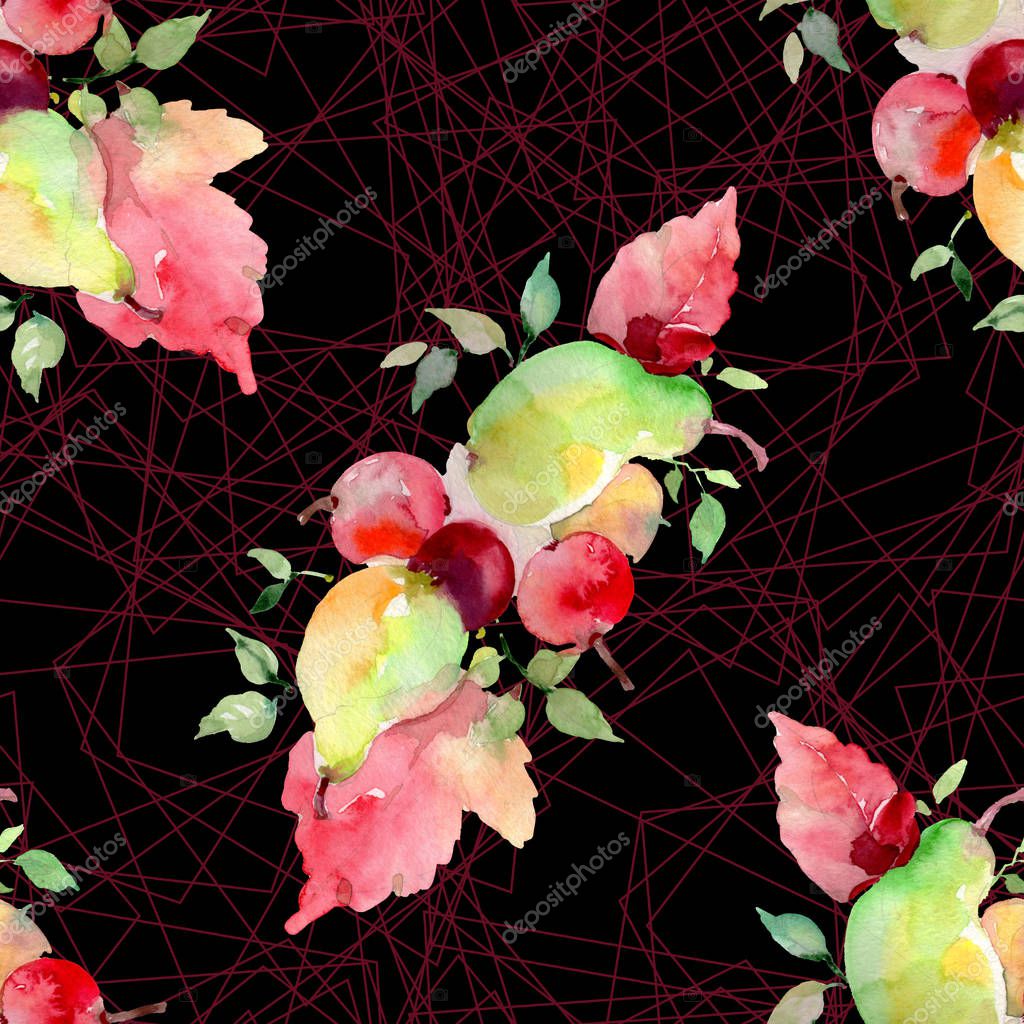 Ramos con flores y frutas. Conjunto de ilustración de fondo acuarela. Patrón de fondo sin ...