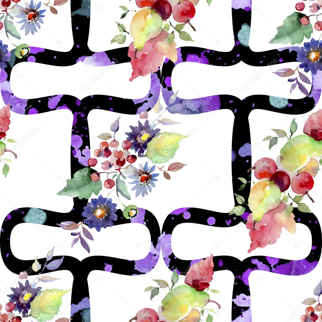Ramos con flores y frutas. Conjunto de ilustración de fondo acuarela. Patrón de fondo sin ...