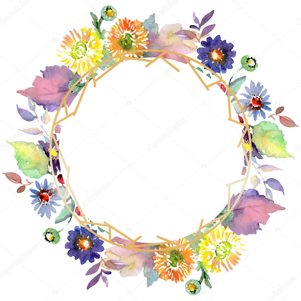 Ramos con flores y frutas. Conjunto de ilustración de fondo acuarela. Marco borde ornamento ...