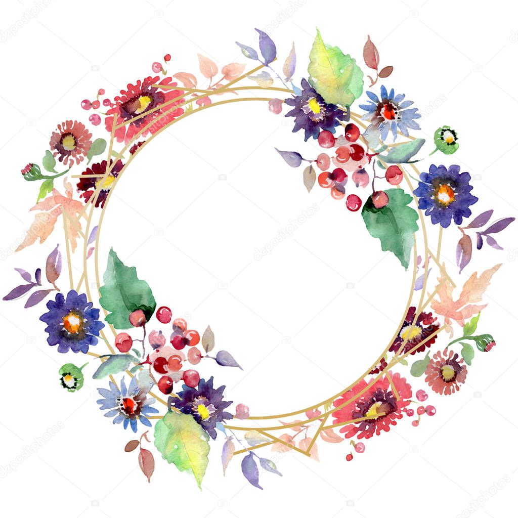 Ramos con flores y frutas. Conjunto de ilustración de fondo acuarela. Marco borde ornamento ...