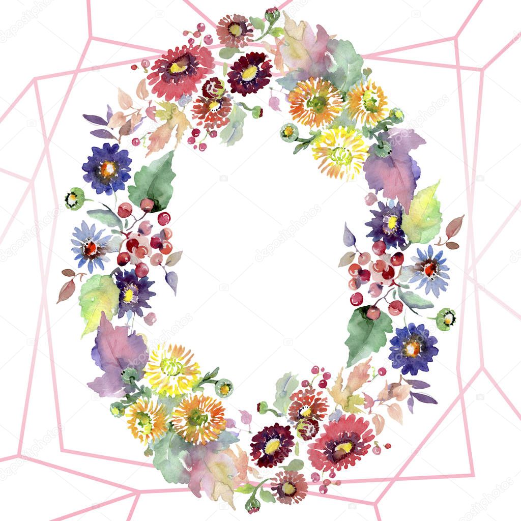 Ramos con flores y frutas. Conjunto de ilustración de fondo acuarela. Marco borde ornamento ...