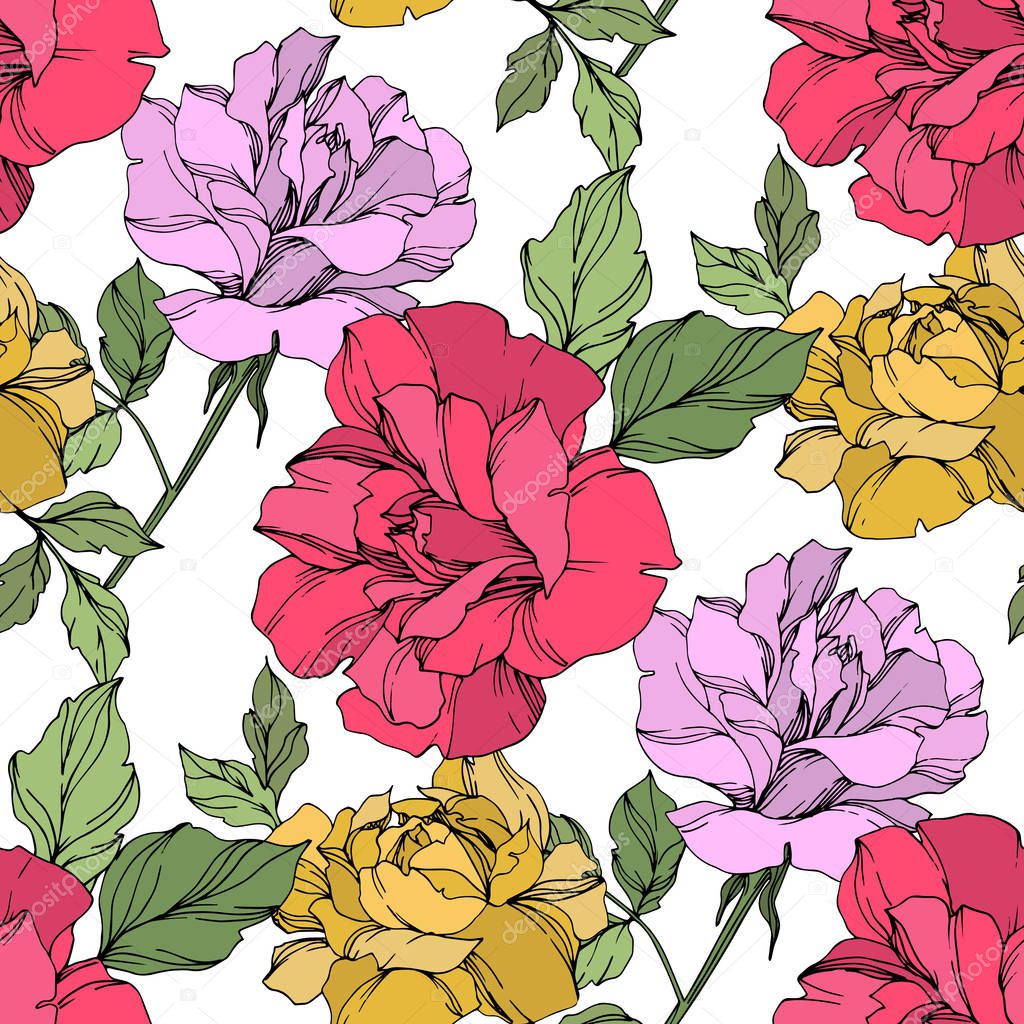 Rosas vectoriales amarillas, rojas y violetas con hojas verdes. Arte de ...