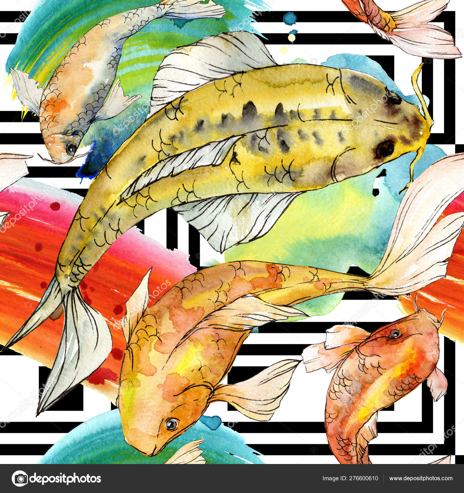 Watercolor aquatic underwater colorful tropical fish set. Red sea and ...