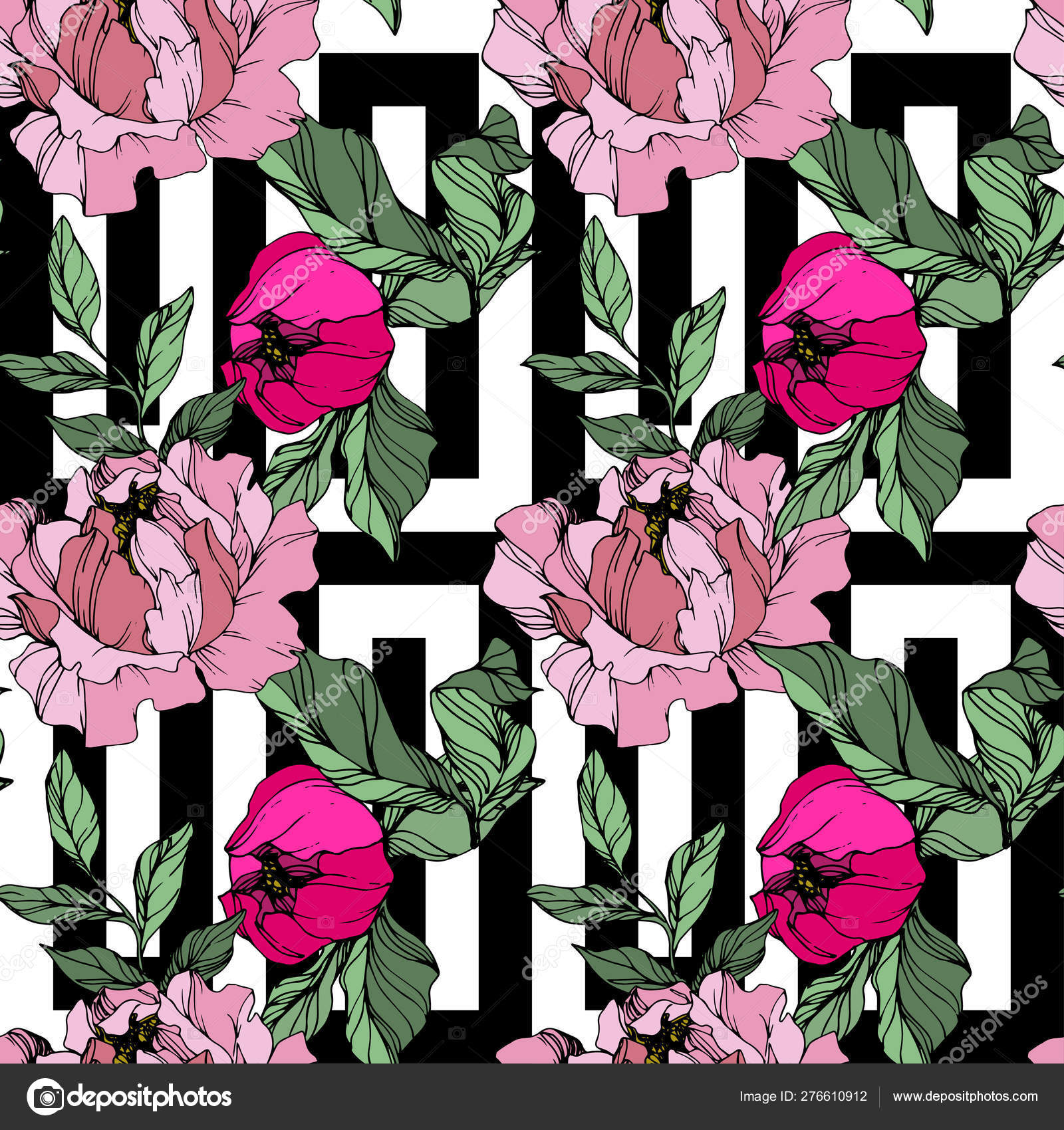 Vector Pink Peony Flower Engraved Ink Art Seamless Background Pattern