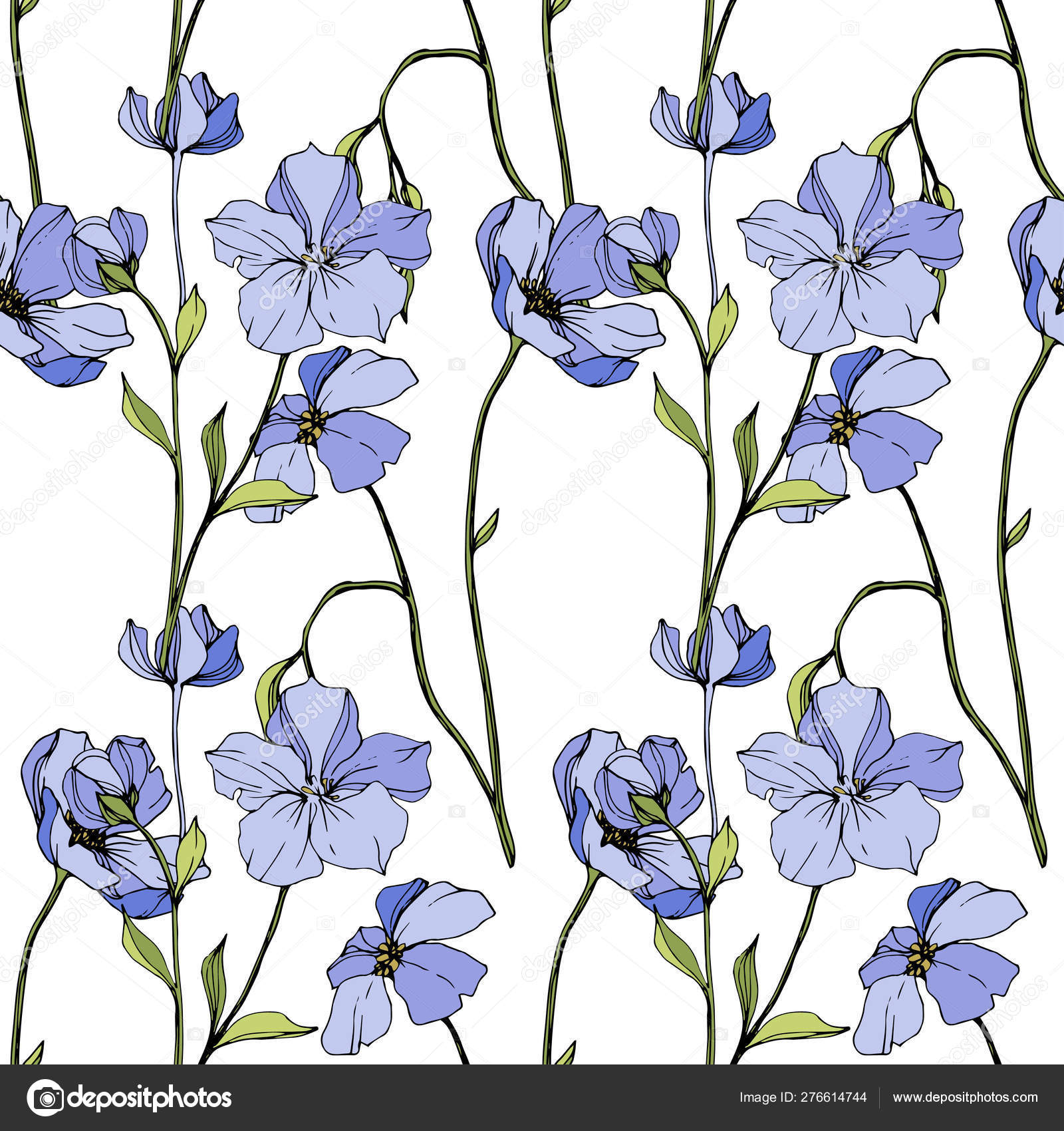 Vector Blue flax botanical flower. Engraved ink art. Seamless ...