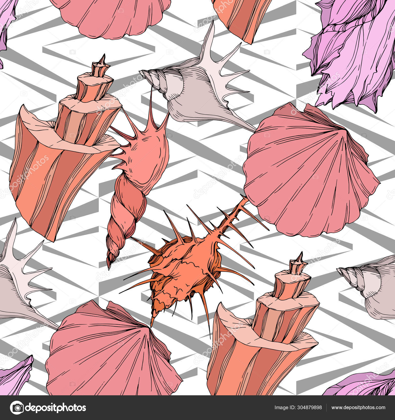 Summer beach seashell tropical elements. Engraved ink art. Seamless ...