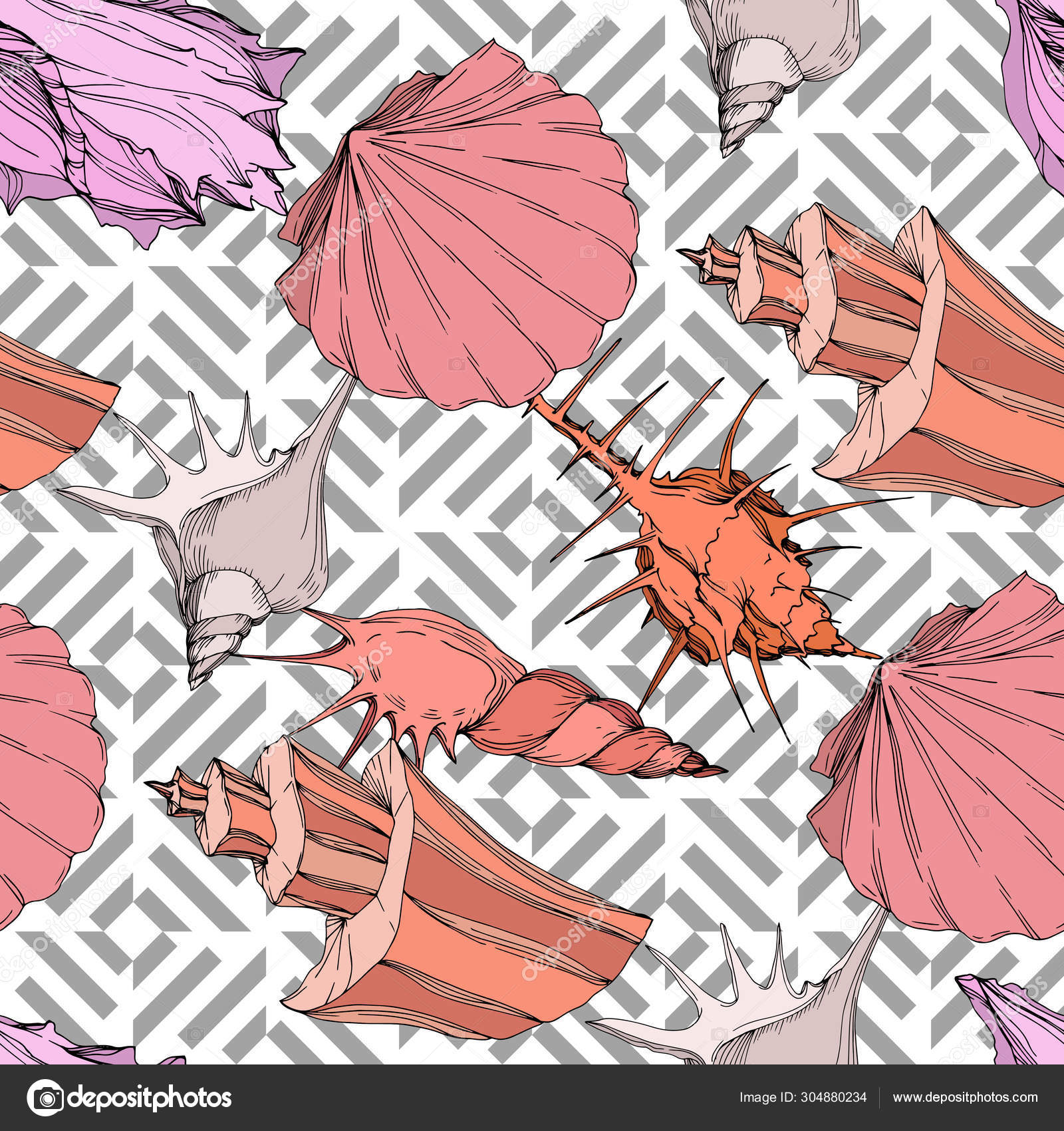 Summer beach seashell tropical elements. Engraved ink art. Seamless ...