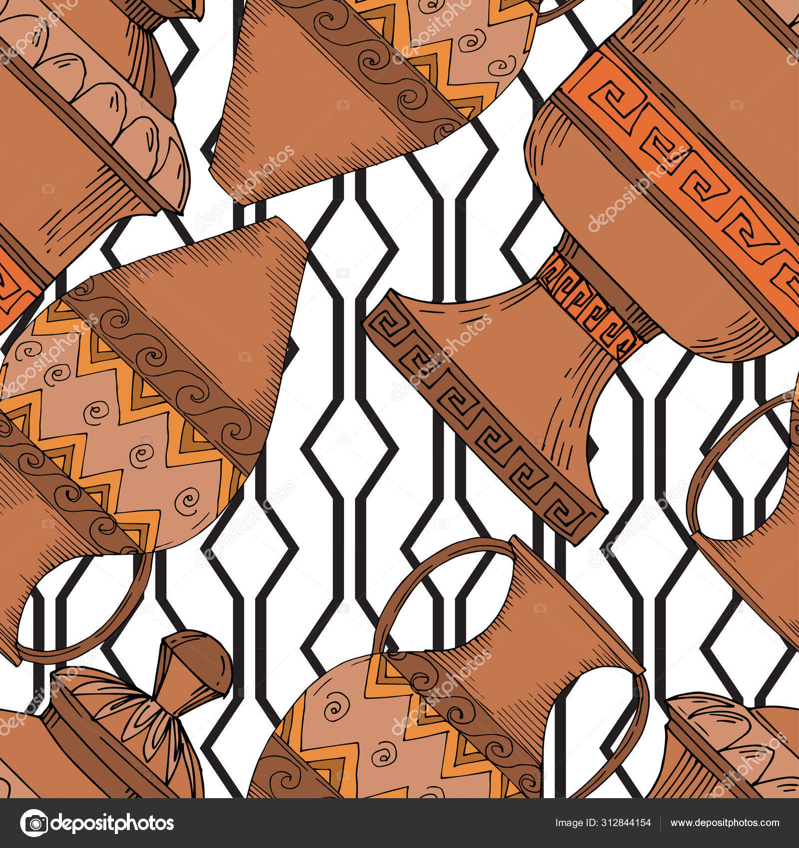 Vector Antique greek amphoras. Black and white engraved ink art ...