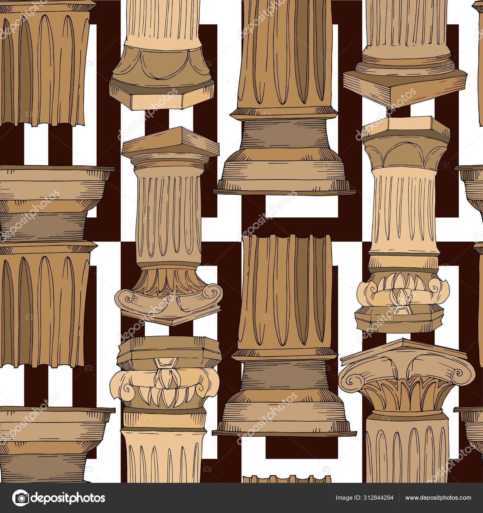 Vector Antique greek columns. Black and white engraved ink art ...