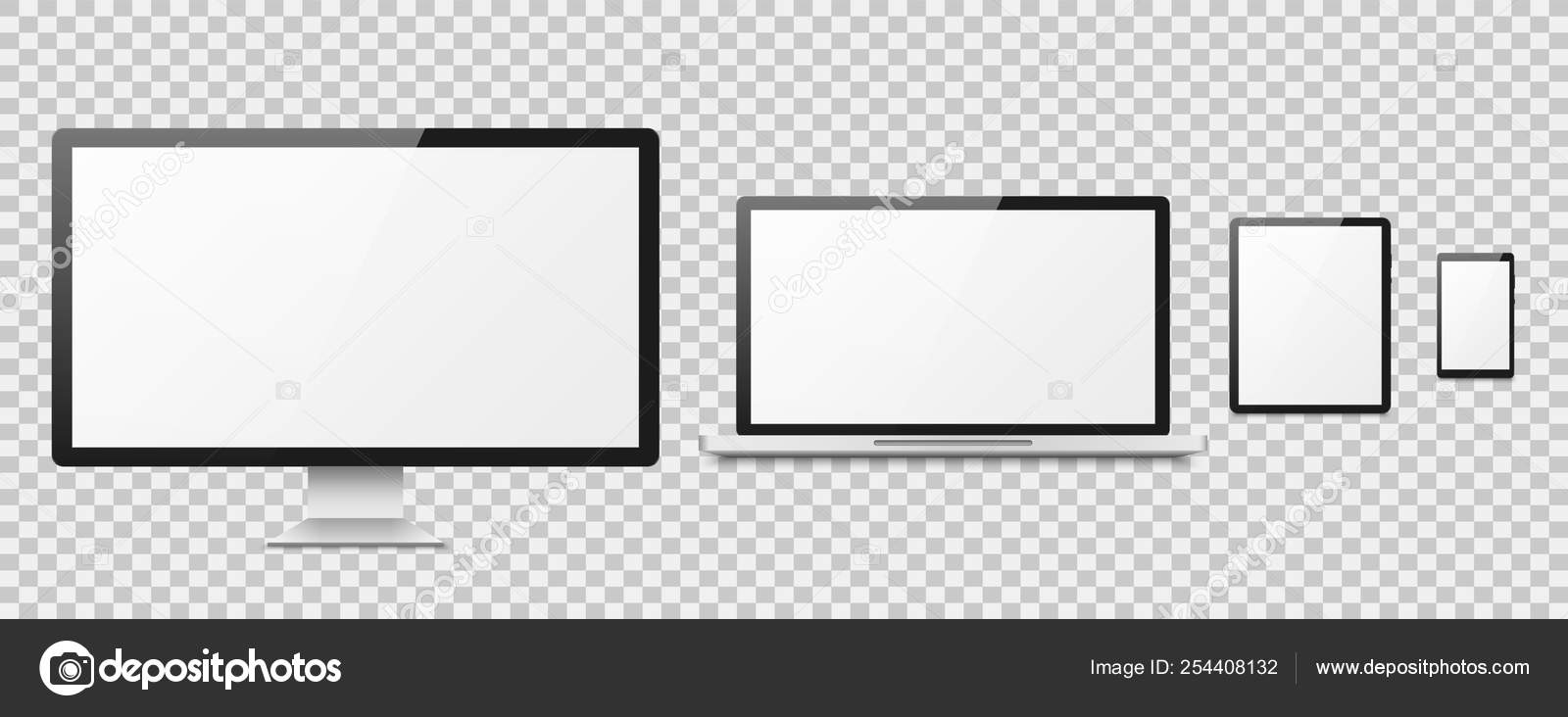 Realistic computer. Computer desktop screen, devices laptop tablet ...