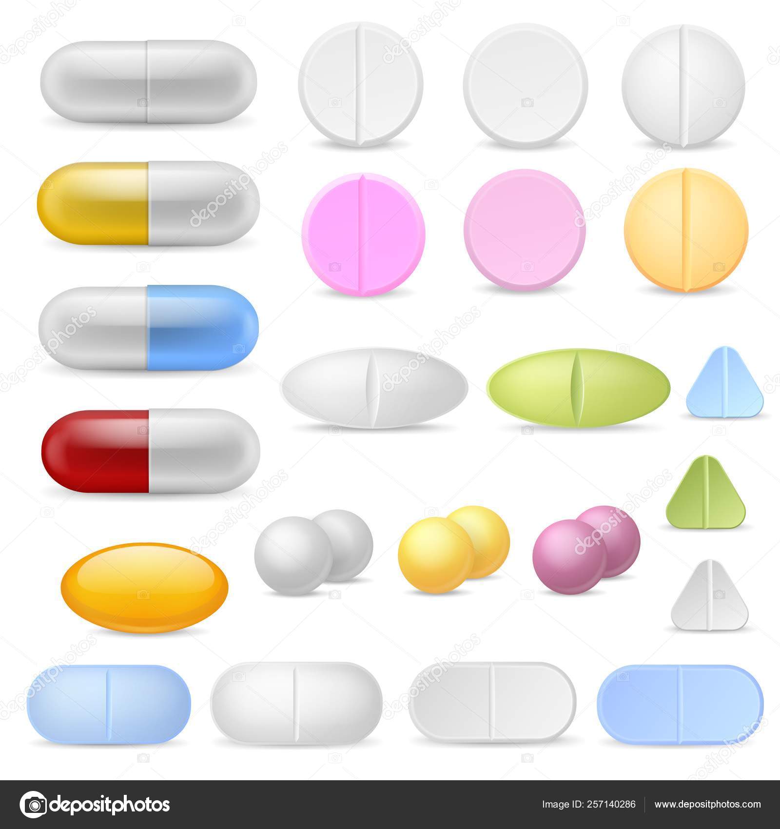 Realistic pills icons. Medicines tablets capsules drugs painkillers ...