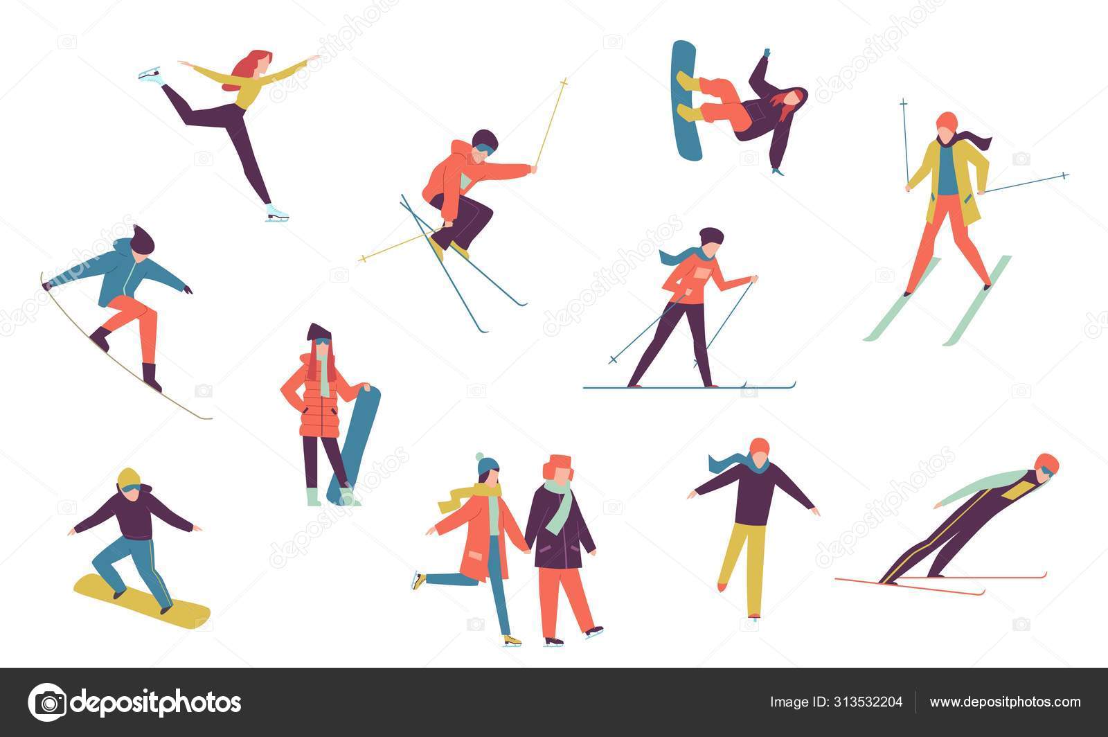 Winter sport people. Including ice skater, snowboarder and skier ...