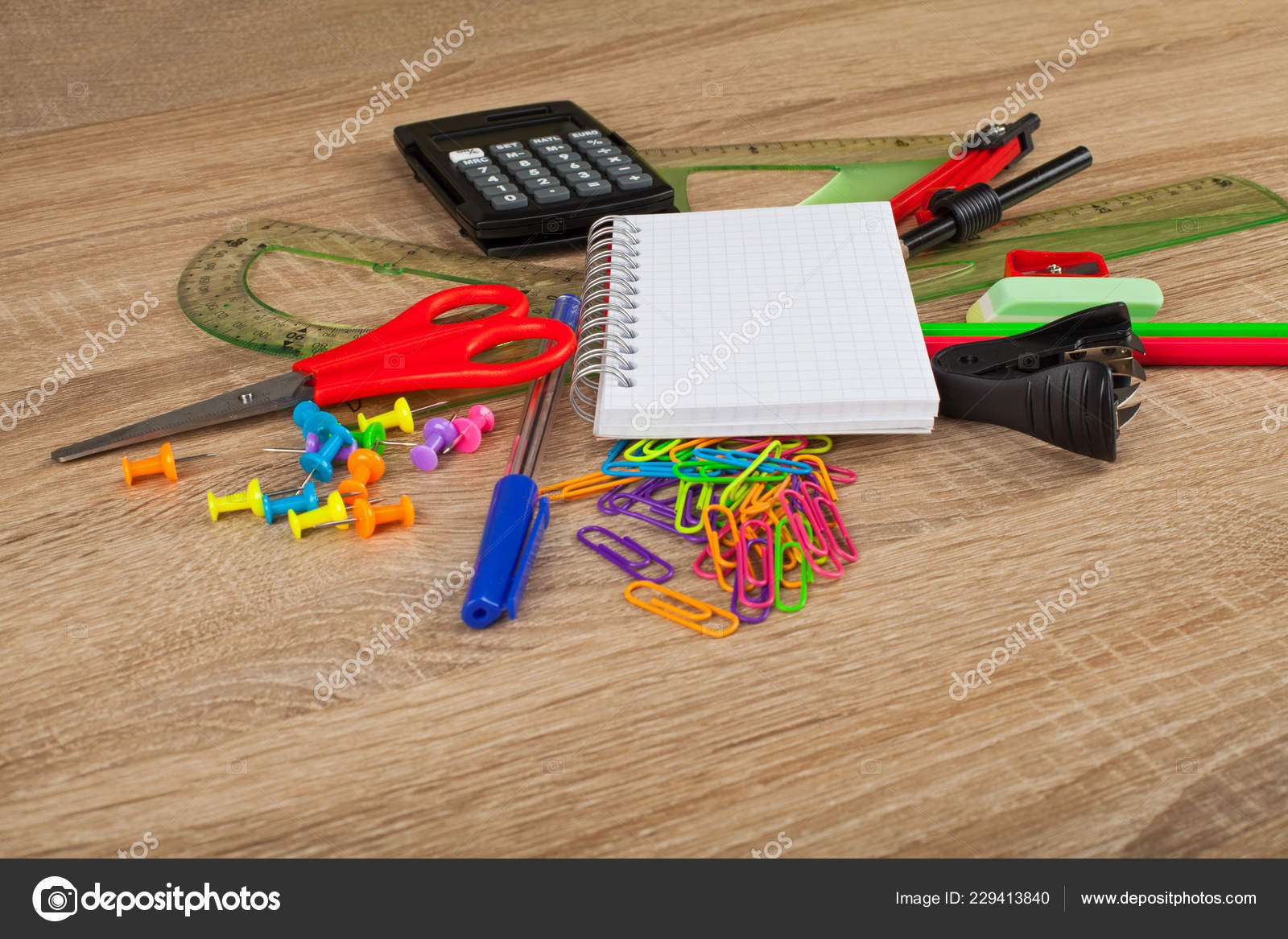 School Learning Tools Notebook Pen Scissors Calculator Ruler Etc Wooden ...
