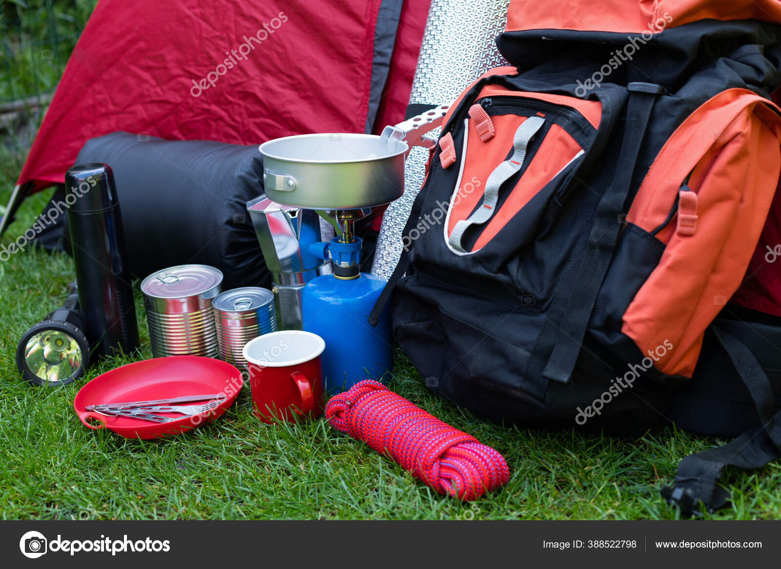 Picture Camping Tools Grass Backpack Tent Gas Tank Cans Compass Stock ...