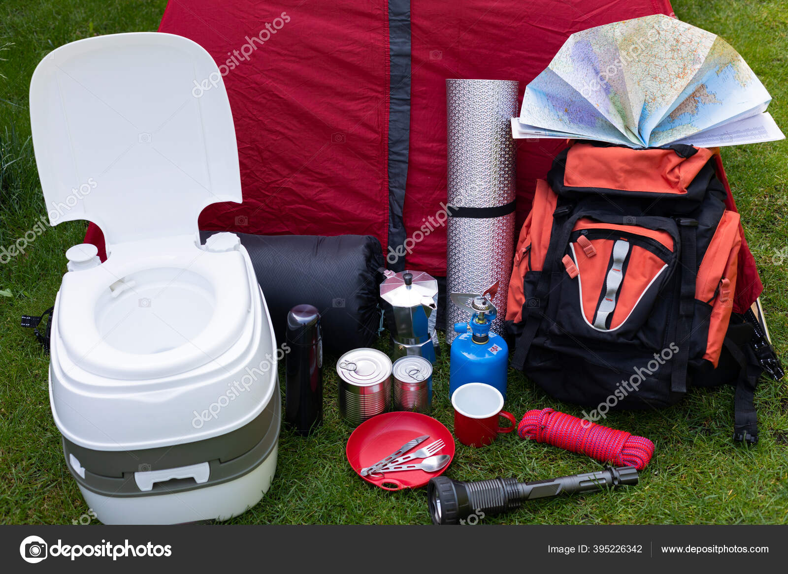 Picture Camping Tools Grass Backpack Tent Gas Tank Cans Compass Stock ...