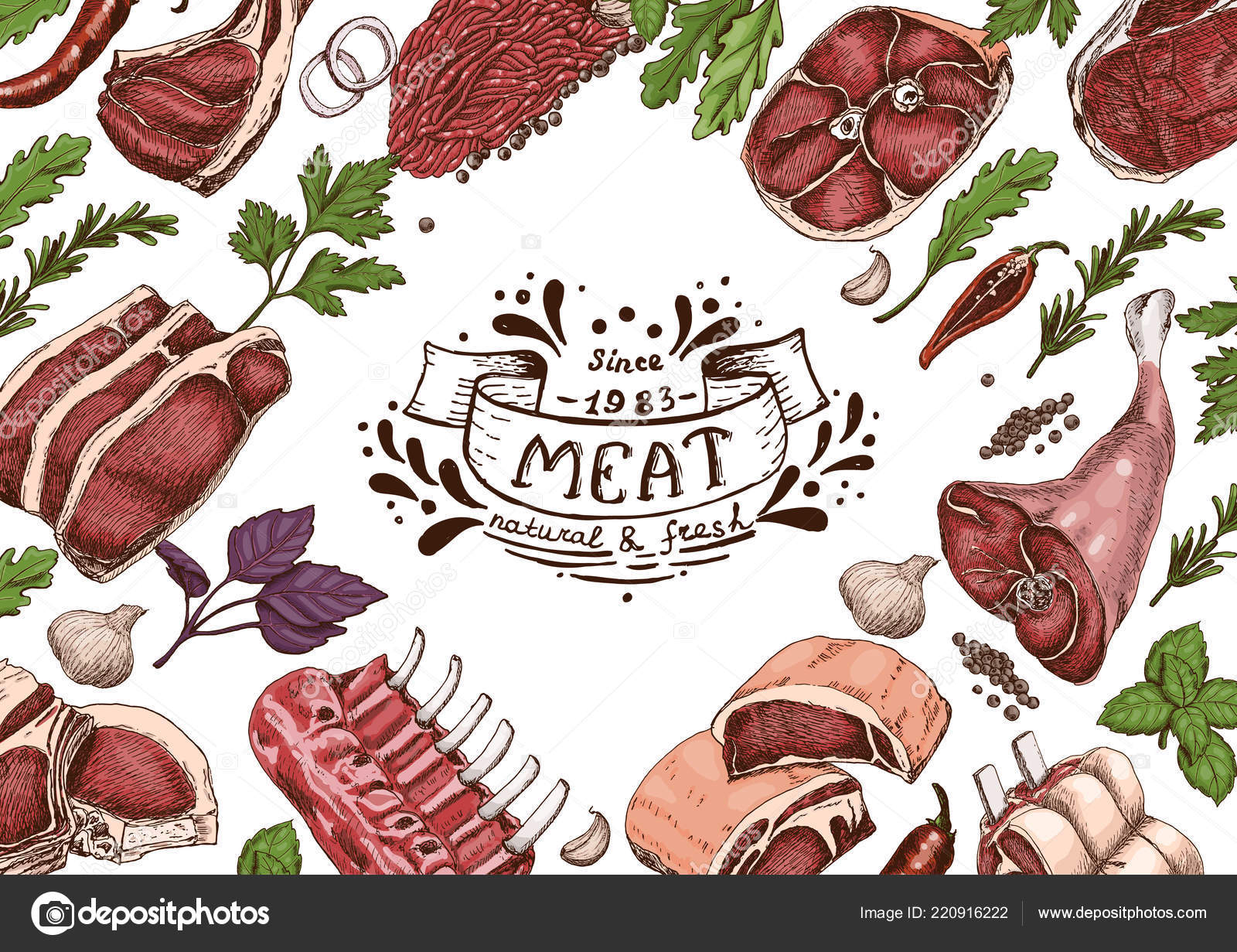 Horizontal Background Different Color Meats Sketch Style Vector ...