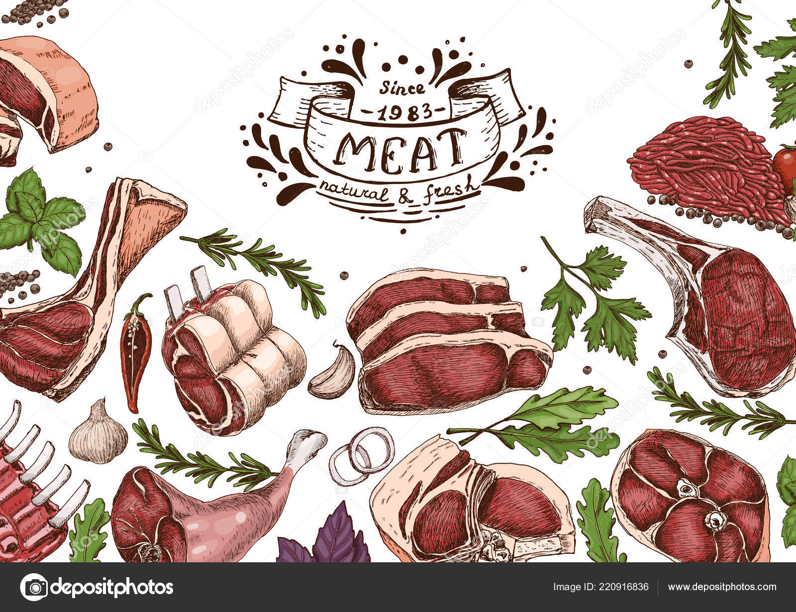 Horizontal Background Different Color Meats Sketch Style Vector ...