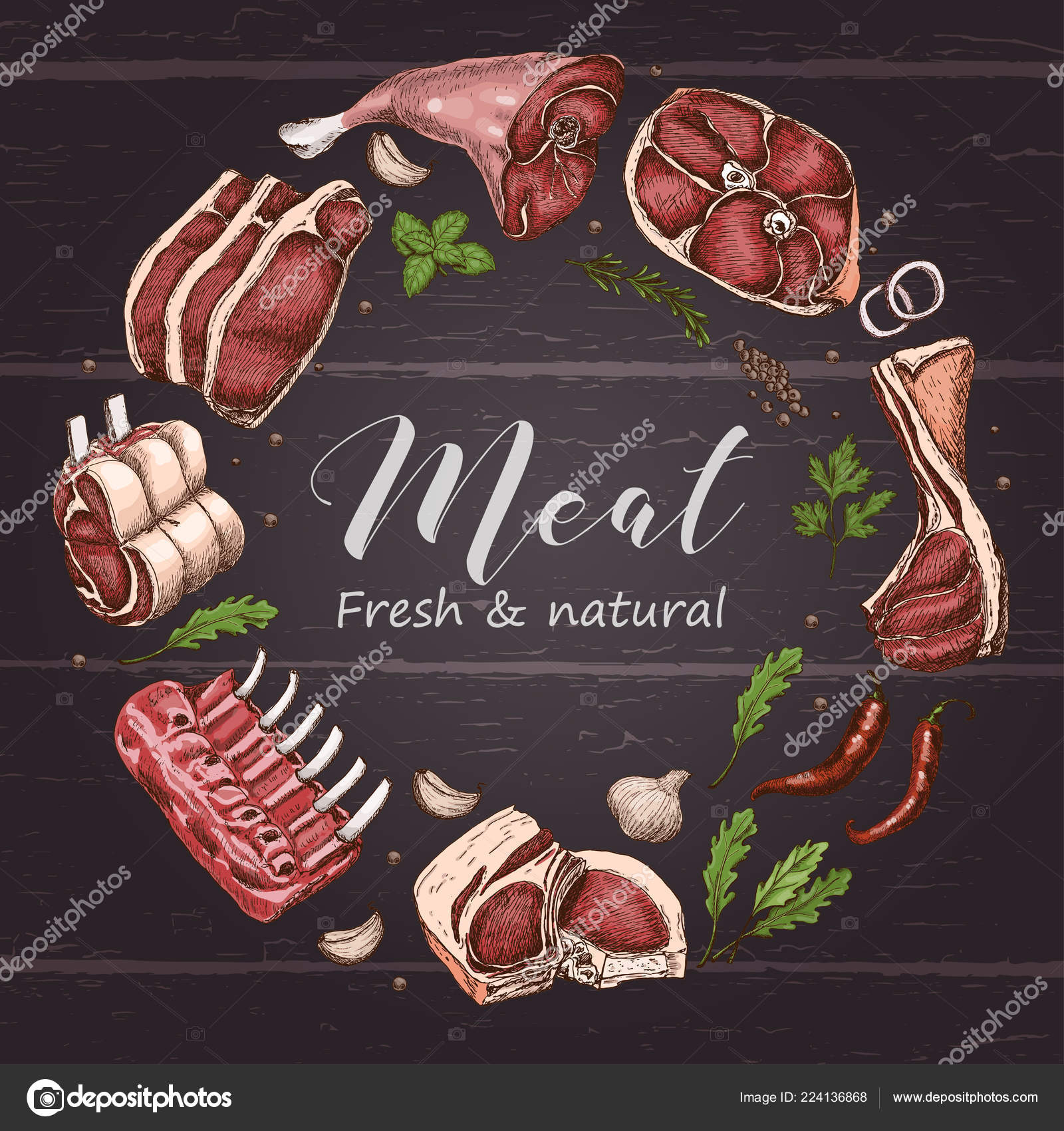 Isolated Meat Circle Different Color Meats Sketch Style Vector ...