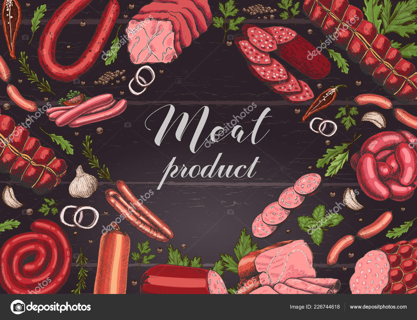 Horizontal Background Different Color Meat Products Sketch Style ...
