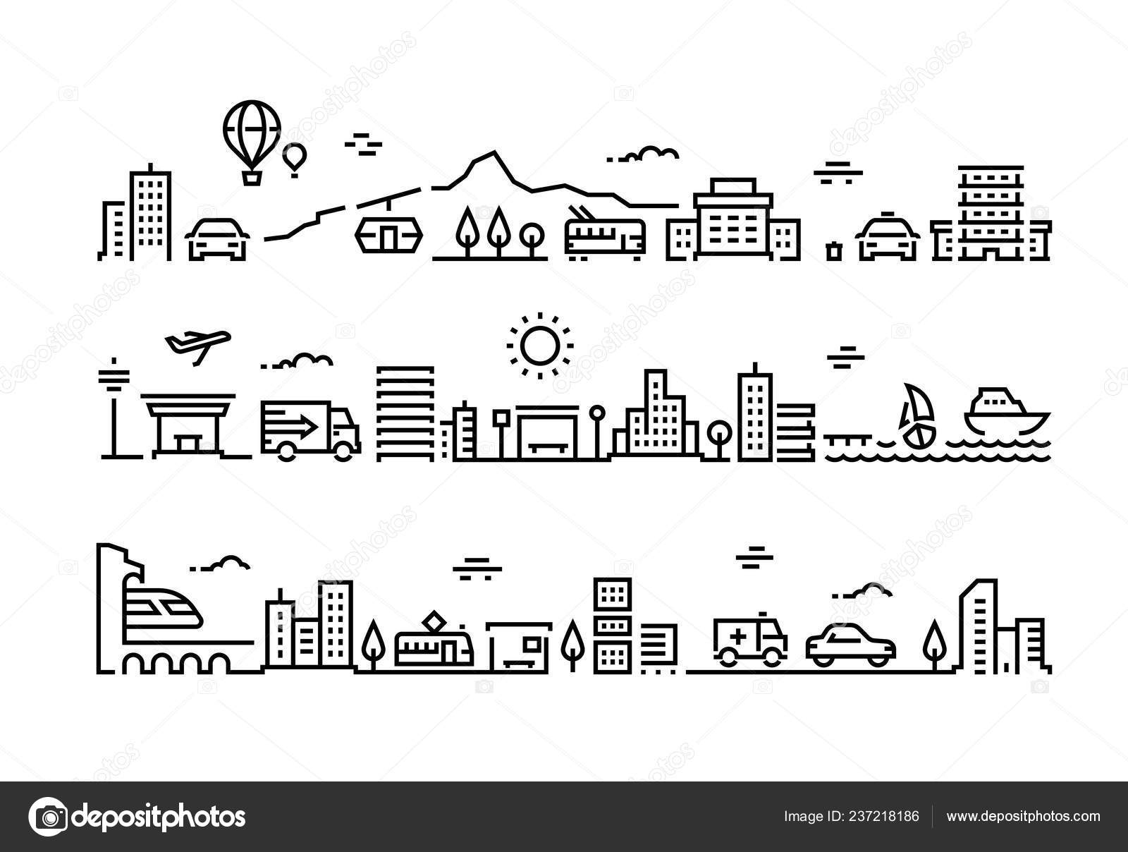 City line landscape. Office buildings urban house public environment ...